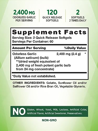 Odorless Garlic 2400 mg | 120 Softgel Capsules | High Strength Extract Pills | Non-GMO, Gluten Free Supplement | by Nature's Truth