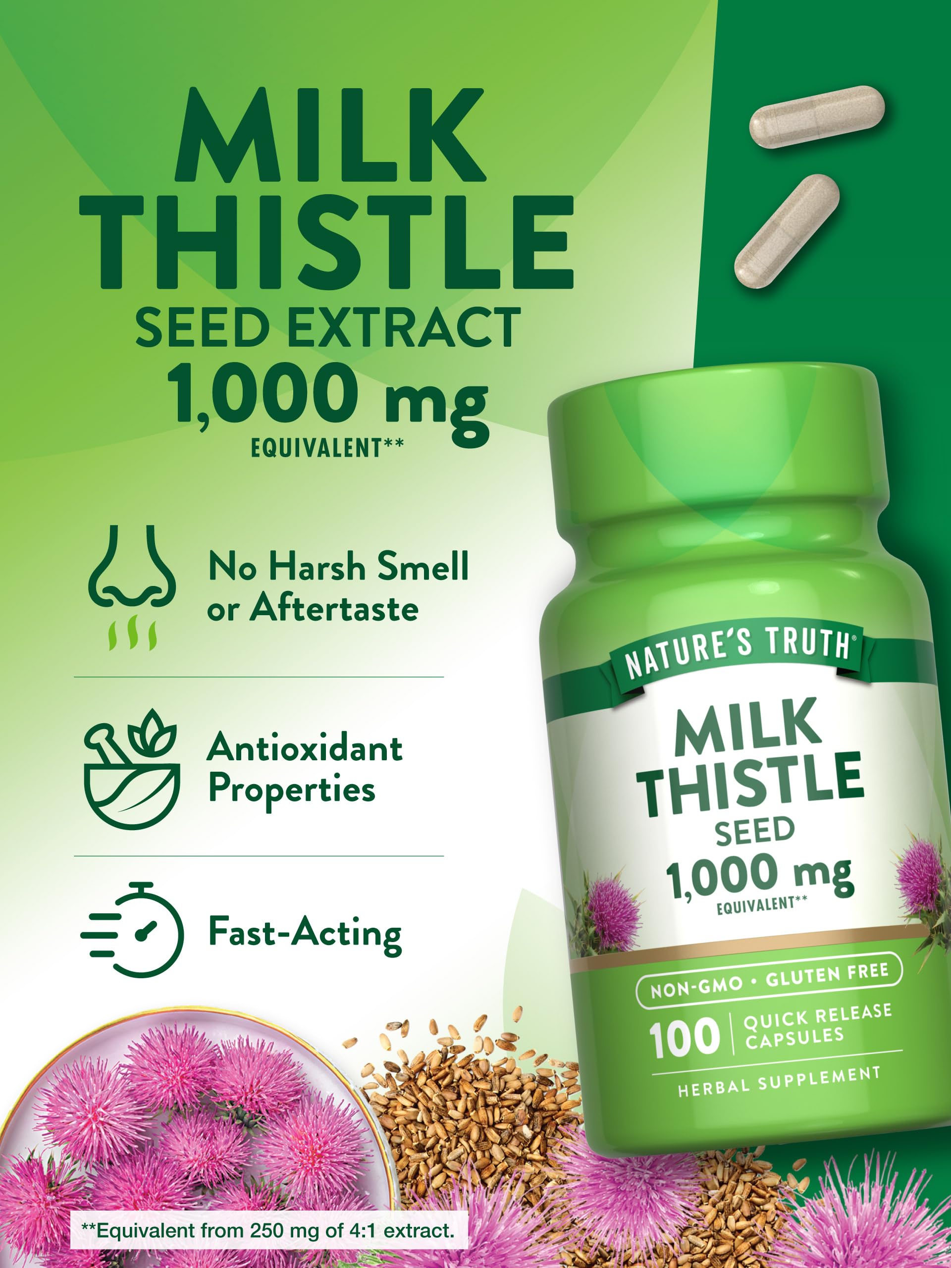 Milk Thistle Extract Capsules | 1000mg | 100 Count | Non-GMO & Gluten Free Supplement | by Nature's Truth