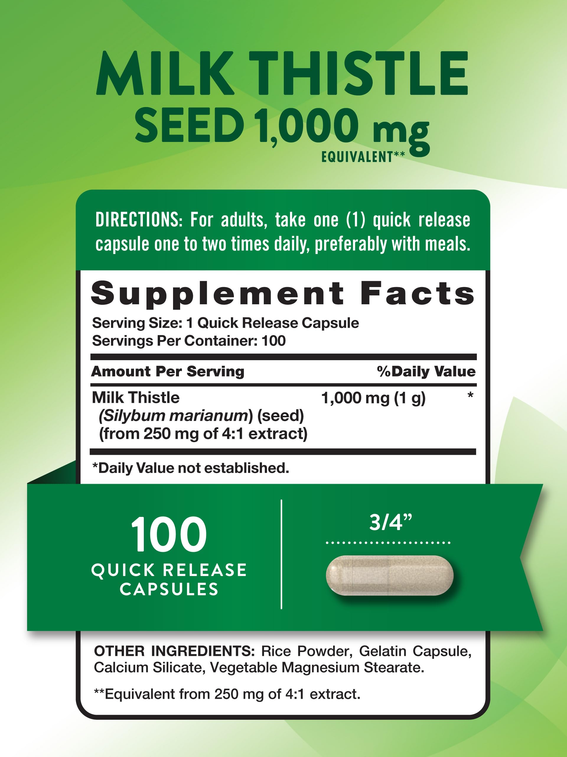 Milk Thistle Extract Capsules | 1000mg | 100 Count | Non-GMO & Gluten Free Supplement | by Nature's Truth