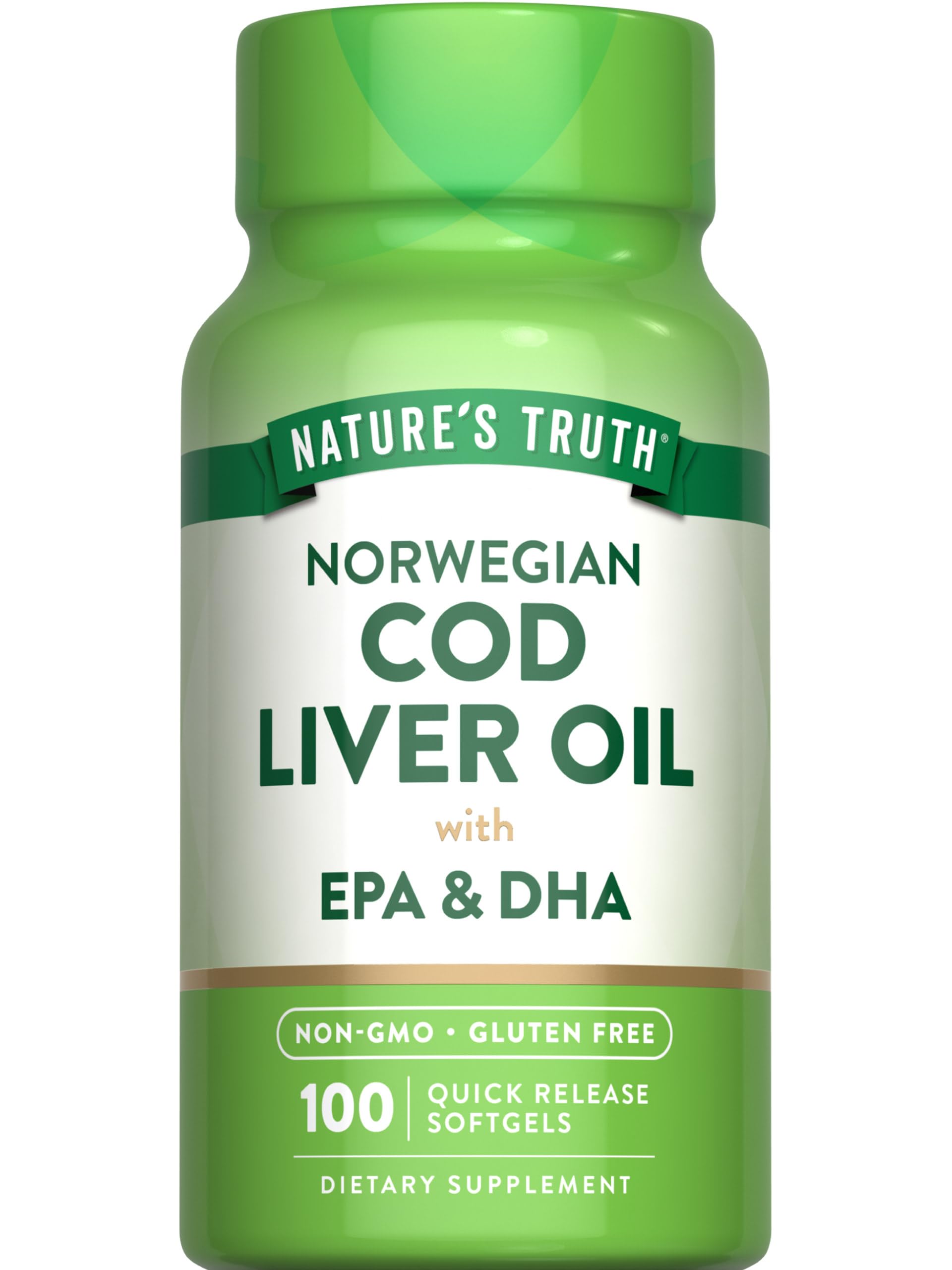 Nature's Truth Norwegian Cod Liver Oil | 100 Softgels | with EPA & DHA | Non-GMO, Gluten Free Supplement