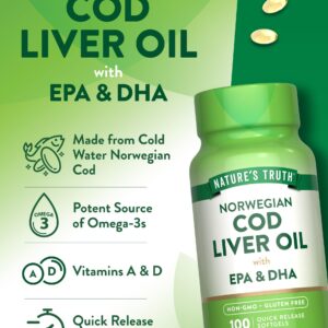 Nature's Truth Norwegian Cod Liver Oil | 100 Softgels | with EPA & DHA | Non-GMO, Gluten Free Supplement