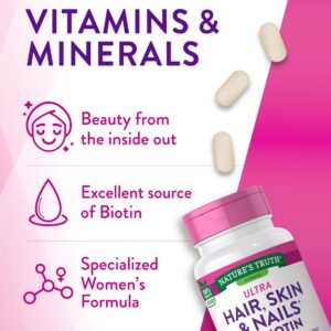 Hair Skin and Nails Vitamins | 60 Caplets | with Biotin and Collagen | Non-GMO and Gluten Free Supplement for Women and Men | by Nature's Truth