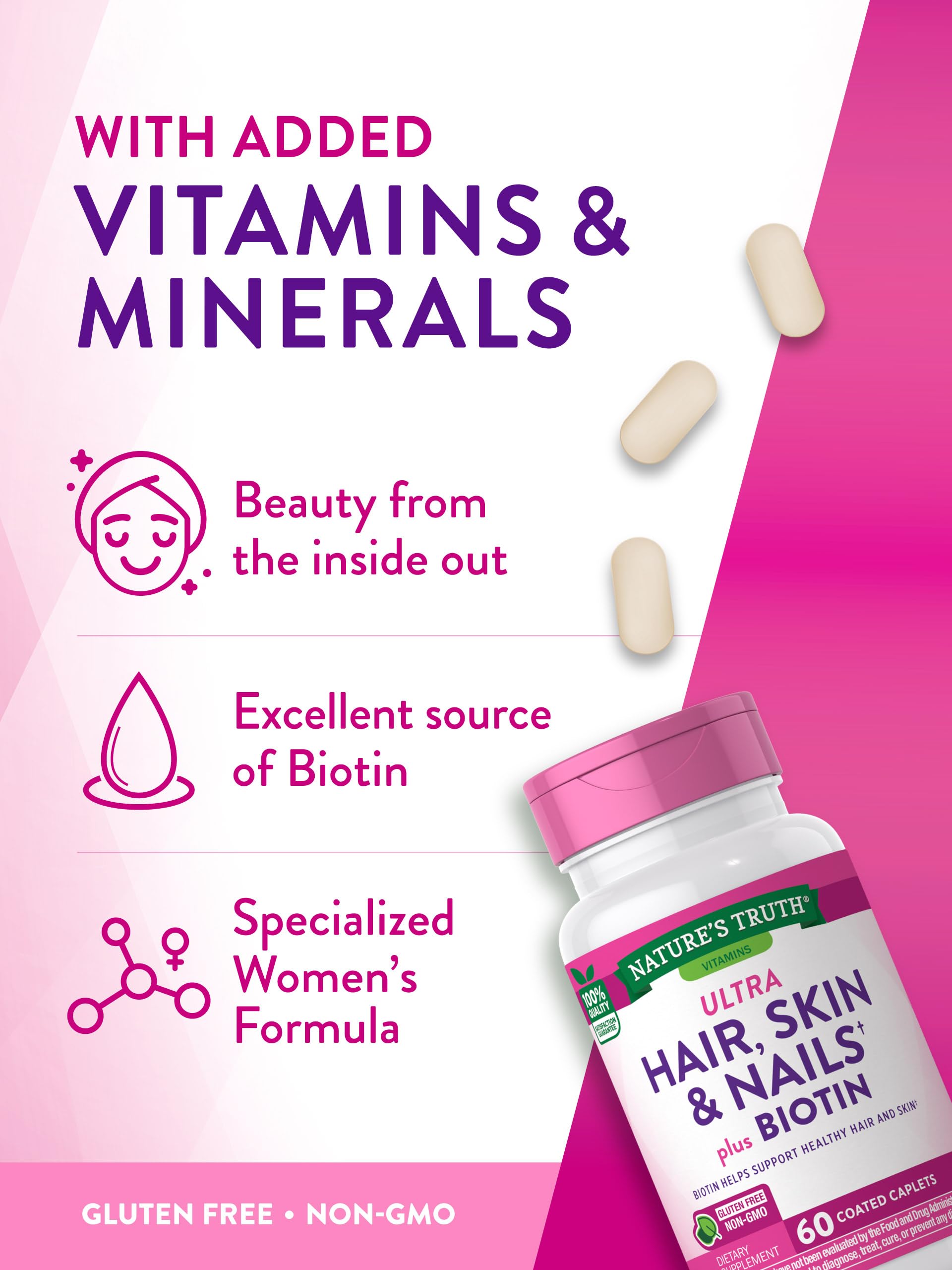 Hair Skin and Nails Vitamins | 60 Caplets | with Biotin and Collagen | Non-GMO and Gluten Free Supplement for Women and Men | by Nature's Truth