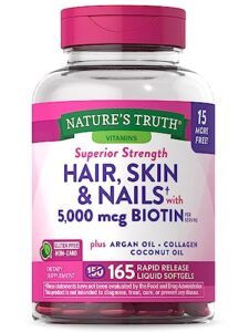 hair, skin & nails vitamin | 5000mcg biotin | 165 softgels | with collagen | non-gmo & gluten free supplement | by nature's truth