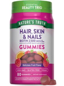 hair skin and nails gummies | 80 count | 2500mcg of biotin | vegan, non-gmo, gluten free supplement | vitamin for women & men | by nature's truth