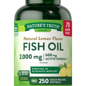 Nature's Truth Burpless Fish Oil Pills 2000 mg | 600 mg Omega 3 | 250 Softgels | Natural Lemon Flavor | Non-GMO, Gluten Free Supplement