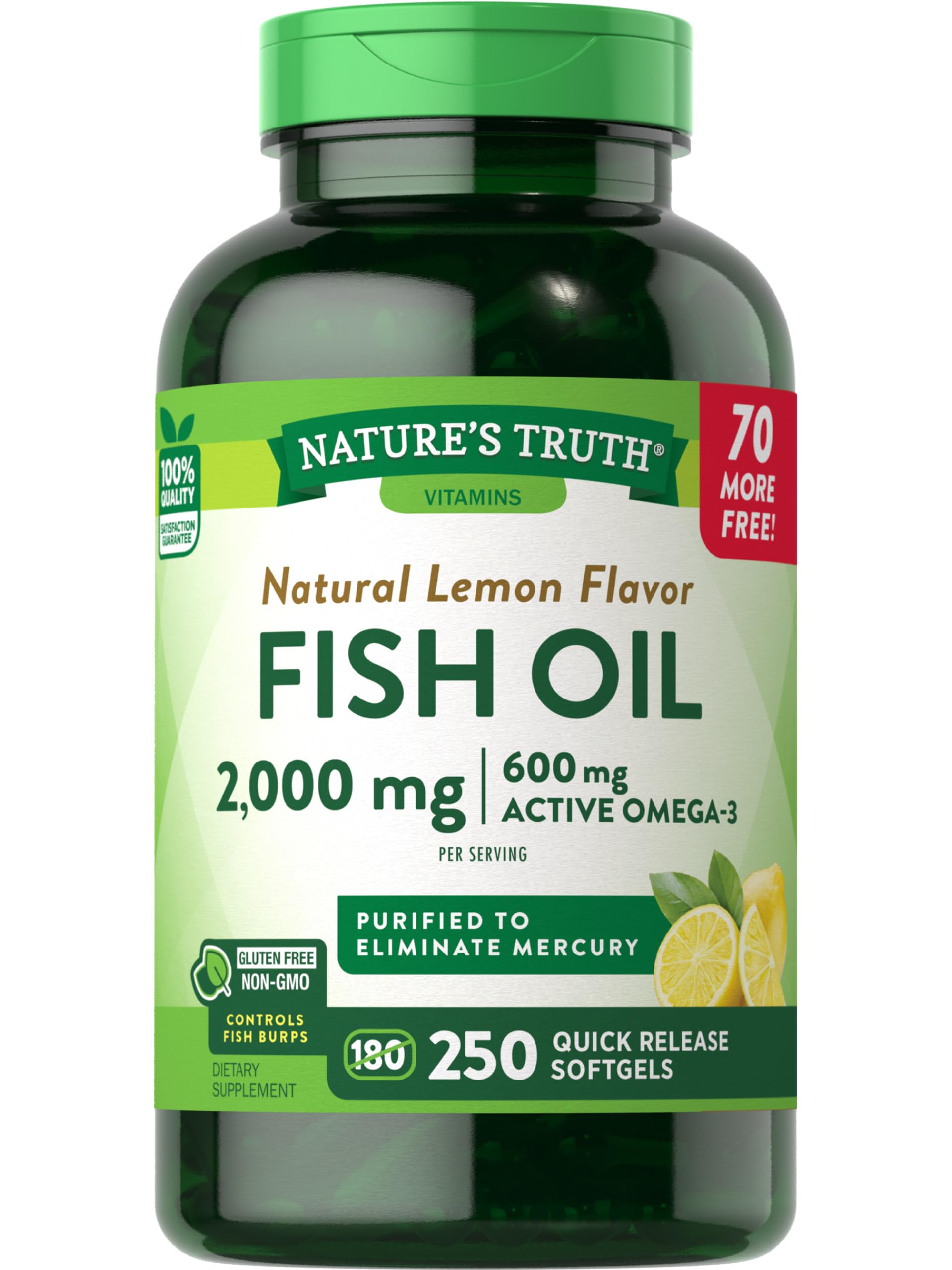 Nature's Truth Burpless Fish Oil Pills 2000 mg | 600 mg Omega 3 | 250 Softgels | Natural Lemon Flavor | Non-GMO, Gluten Free Supplement