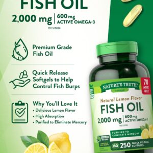 Nature's Truth Burpless Fish Oil Pills 2000 mg | 600 mg Omega 3 | 250 Softgels | Natural Lemon Flavor | Non-GMO, Gluten Free Supplement