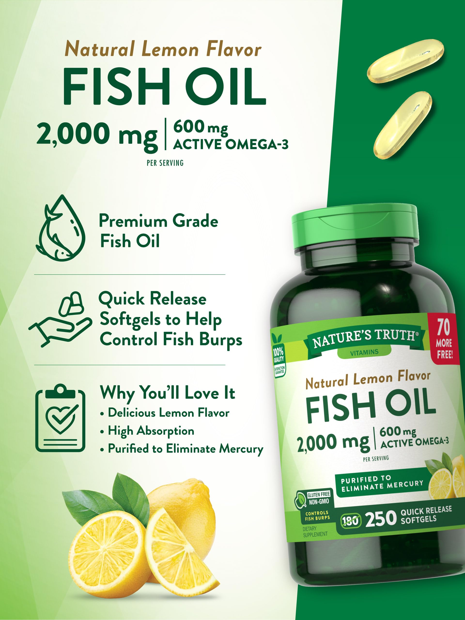 Nature's Truth Burpless Fish Oil Pills 2000 mg | 600 mg Omega 3 | 250 Softgels | Natural Lemon Flavor | Non-GMO, Gluten Free Supplement