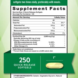 Nature's Truth Burpless Fish Oil Pills 2000 mg | 600 mg Omega 3 | 250 Softgels | Natural Lemon Flavor | Non-GMO, Gluten Free Supplement