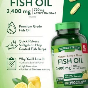 Nature's Truth Burpless Fish Oil 2400mg | 250 Softgels | 720 mg Omega 3 | Natural Lemon Flavor Pills | Non-GMO & Gluten Free Supplement