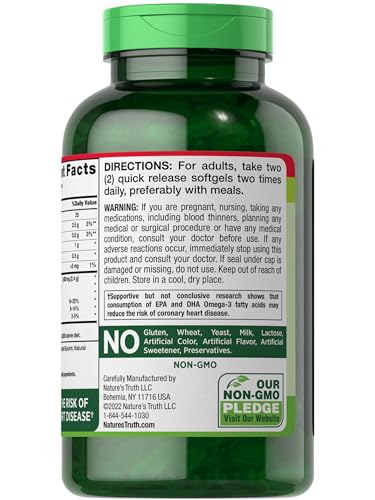 Nature's Truth Burpless Fish Oil 2400mg | 250 Softgels | 720 mg Omega 3 | Natural Lemon Flavor Pills | Non-GMO & Gluten Free Supplement