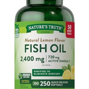 Nature's Truth Burpless Fish Oil 2400mg | 250 Softgels | 720 mg Omega 3 | Natural Lemon Flavor Pills | Non-GMO & Gluten Free Supplement