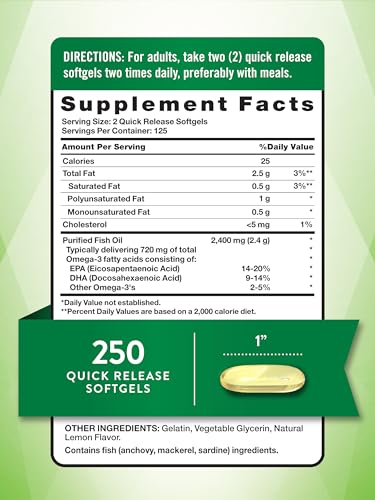 Nature's Truth Burpless Fish Oil 2400mg | 250 Softgels | 720 mg Omega 3 | Natural Lemon Flavor Pills | Non-GMO & Gluten Free Supplement