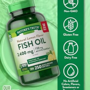 Nature's Truth Burpless Fish Oil 2400mg | 250 Softgels | 720 mg Omega 3 | Natural Lemon Flavor Pills | Non-GMO & Gluten Free Supplement