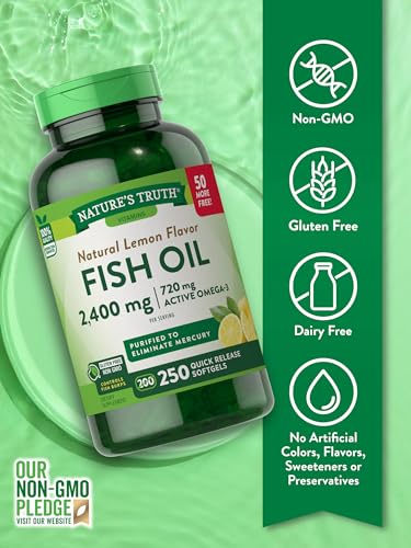 Nature's Truth Burpless Fish Oil 2400mg | 250 Softgels | 720 mg Omega 3 | Natural Lemon Flavor Pills | Non-GMO & Gluten Free Supplement