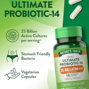 Probiotics for Men and Women | 25 Billion CFU | 60 Capsules | 14 Strains | Non-GMO & Gluten Free Digestive Health Supplement | by Nature's Truth