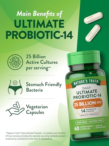 Probiotics for Men and Women | 25 Billion CFU | 60 Capsules | 14 Strains | Non-GMO & Gluten Free Digestive Health Supplement | by Nature's Truth