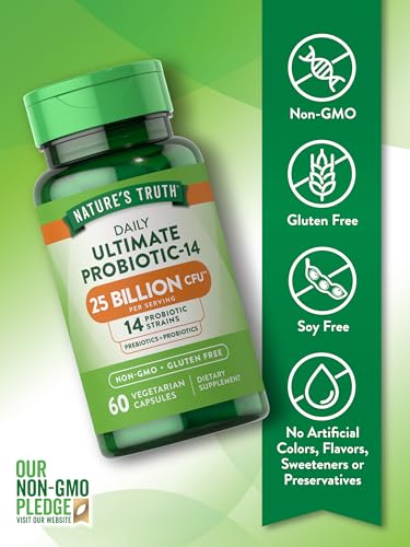 Probiotics for Men and Women | 25 Billion CFU | 60 Capsules | 14 Strains | Non-GMO & Gluten Free Digestive Health Supplement | by Nature's Truth