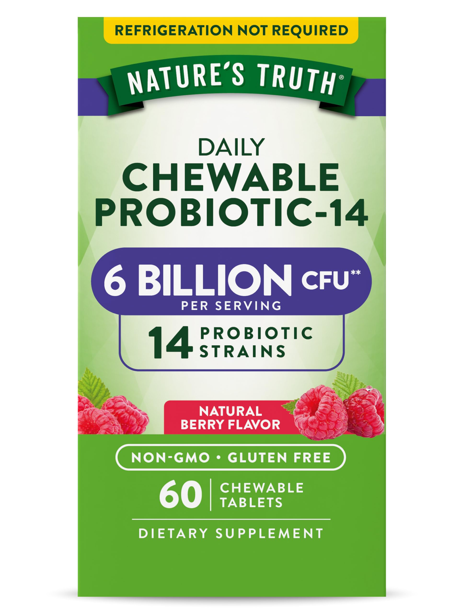 Probiotic Chewable for Men and Women | 6 Billion CFU | 60 Count | 14 Strains | Berry Flavor | Non-GMO & Gluten Free | by Nature's Truth