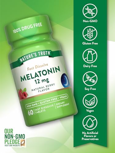 Melatonin 12mg | 60 Fast Dissolve Tablets | Natural Berry Flavor | Vegan, Non-GMO & Gluten Free | by Nature's Truth