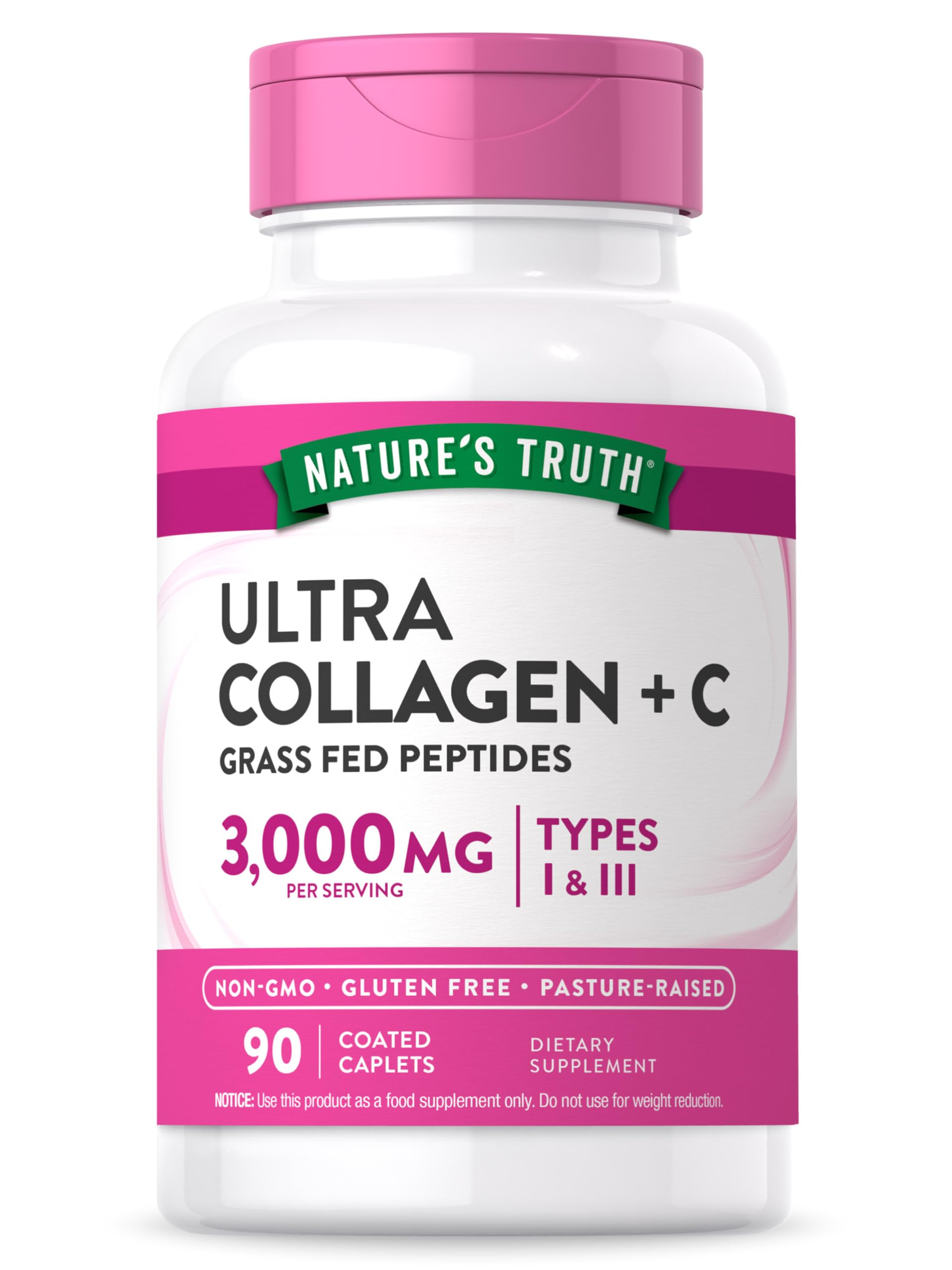 Nature's Truth Collagen Peptides | 90 Caplets | Type 1 and 3 with Vitamin C | Grass Fed, Non-GMO and Gluten Free Pill Supplement