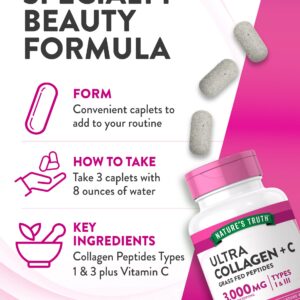 Nature's Truth Collagen Peptides | 90 Caplets | Type 1 and 3 with Vitamin C | Grass Fed, Non-GMO and Gluten Free Pill Supplement