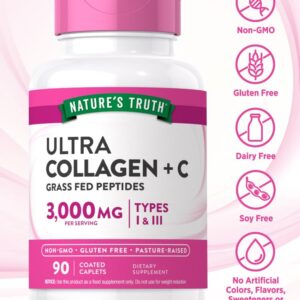 Nature's Truth Collagen Peptides | 90 Caplets | Type 1 and 3 with Vitamin C | Grass Fed, Non-GMO and Gluten Free Pill Supplement