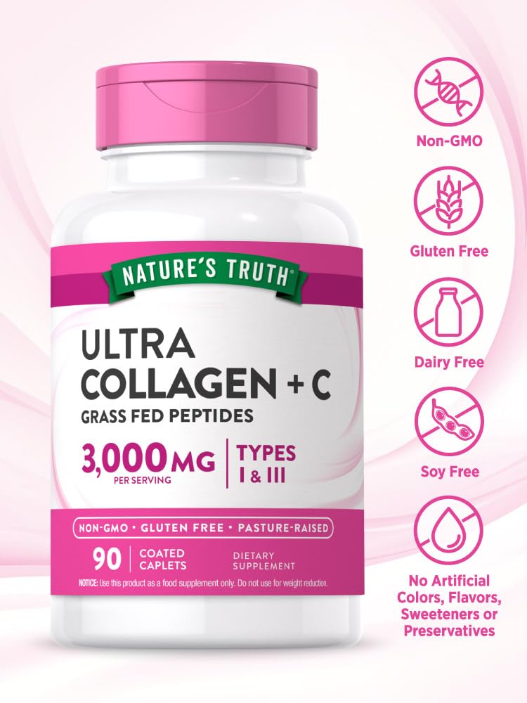 Nature's Truth Collagen Peptides | 90 Caplets | Type 1 and 3 with Vitamin C | Grass Fed, Non-GMO and Gluten Free Pill Supplement