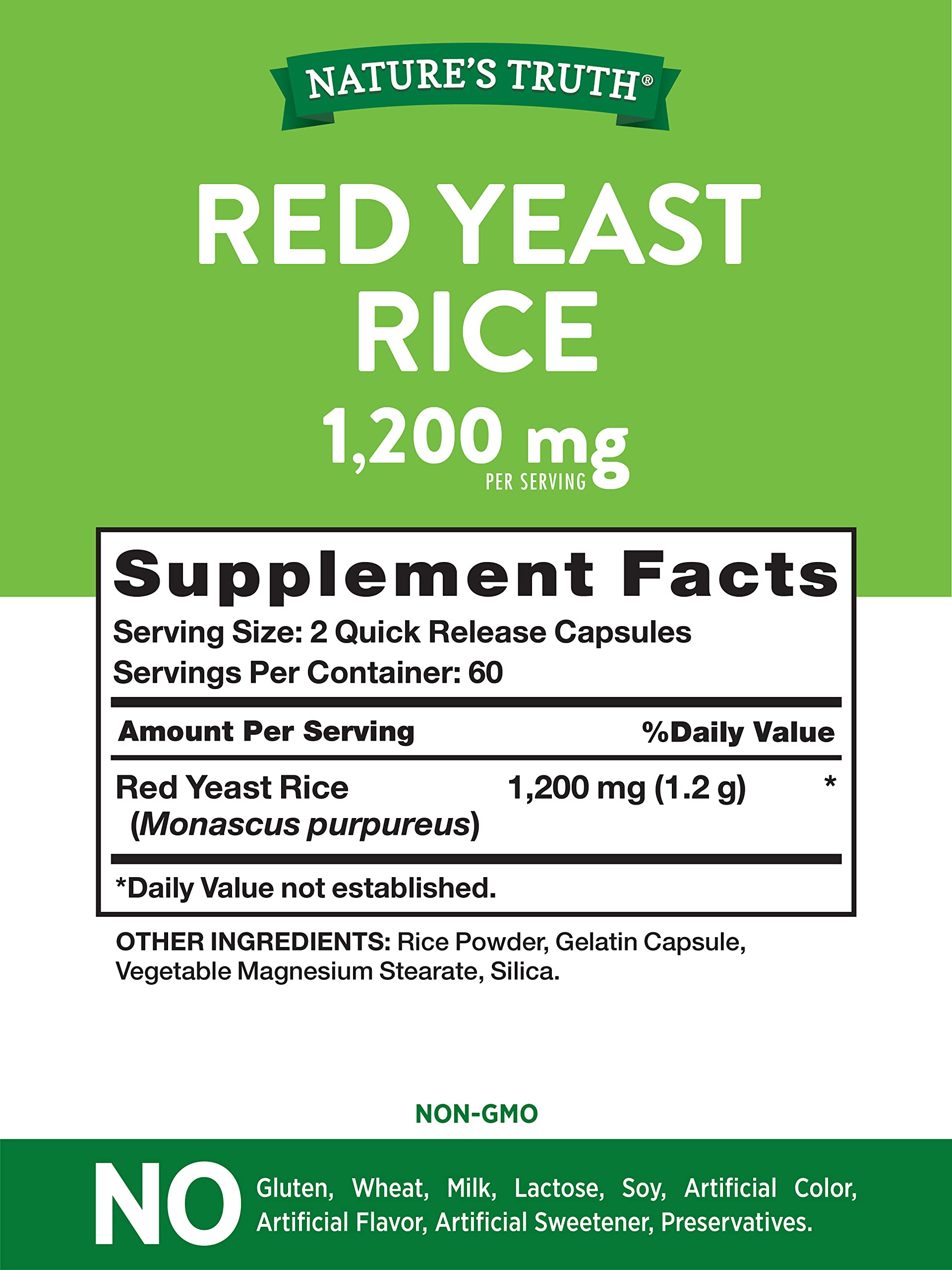 Nature's Truth Red Yeast Rice Capsules 1200 mg | 120 Count | Non-GMO, Gluten Free Supplement