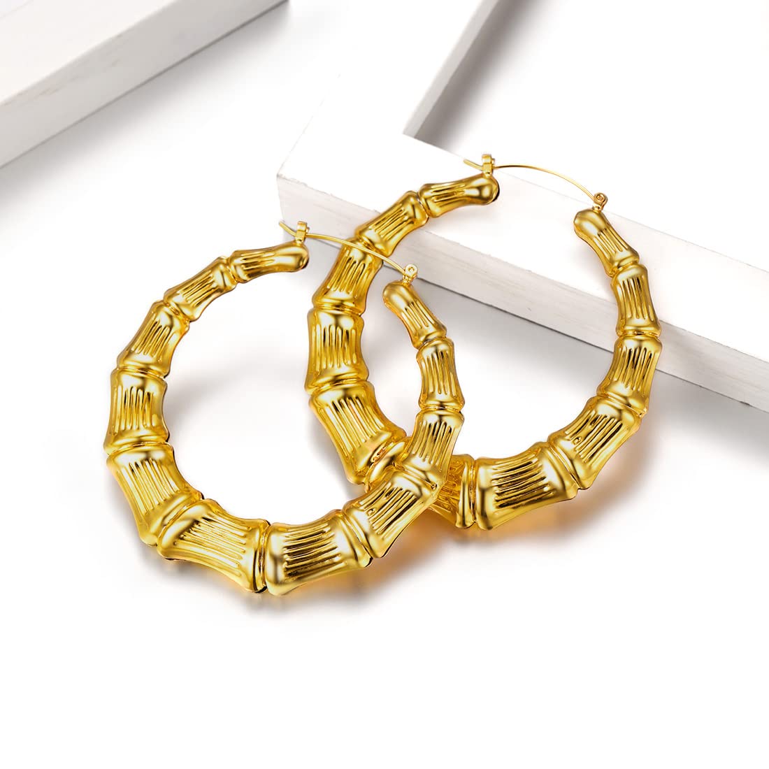 U7 Bamboo Earrings Women 18K Gold Plated 70MM Large Hoops Boho Jewelry Statement Door Knocker Earrings