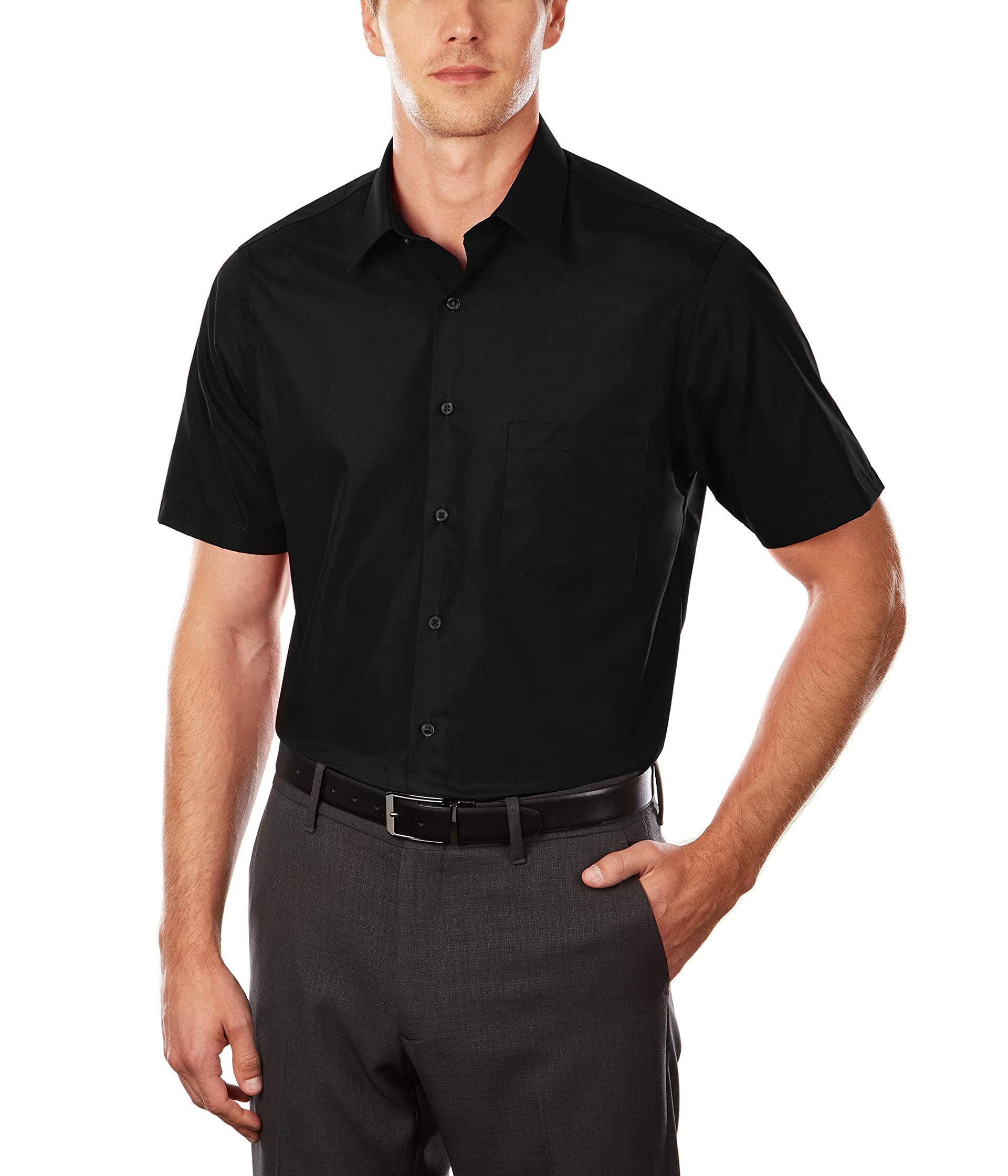 Van Heusen Men's Short Sleeve Dress Shirt Regular Fit Poplin Solid, Black, 18" Neck