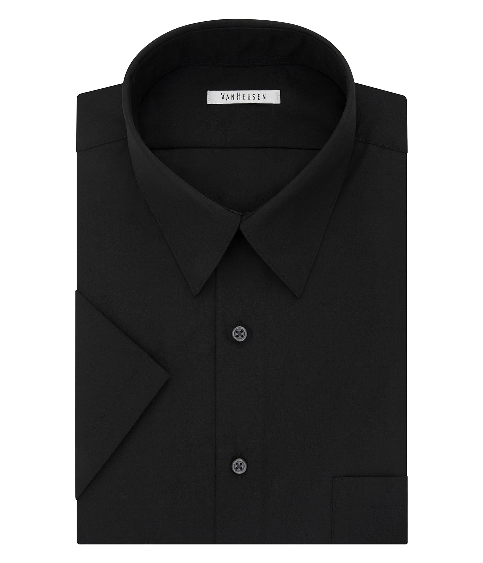 Van Heusen Men's Short Sleeve Dress Shirt Regular Fit Poplin Solid, Black, 18" Neck