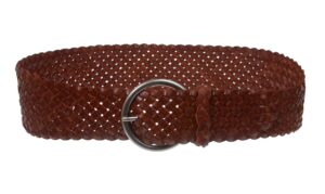 women's 3 1/4" wide tapered braided woven high waist leather belt, brown | s/m - 32"