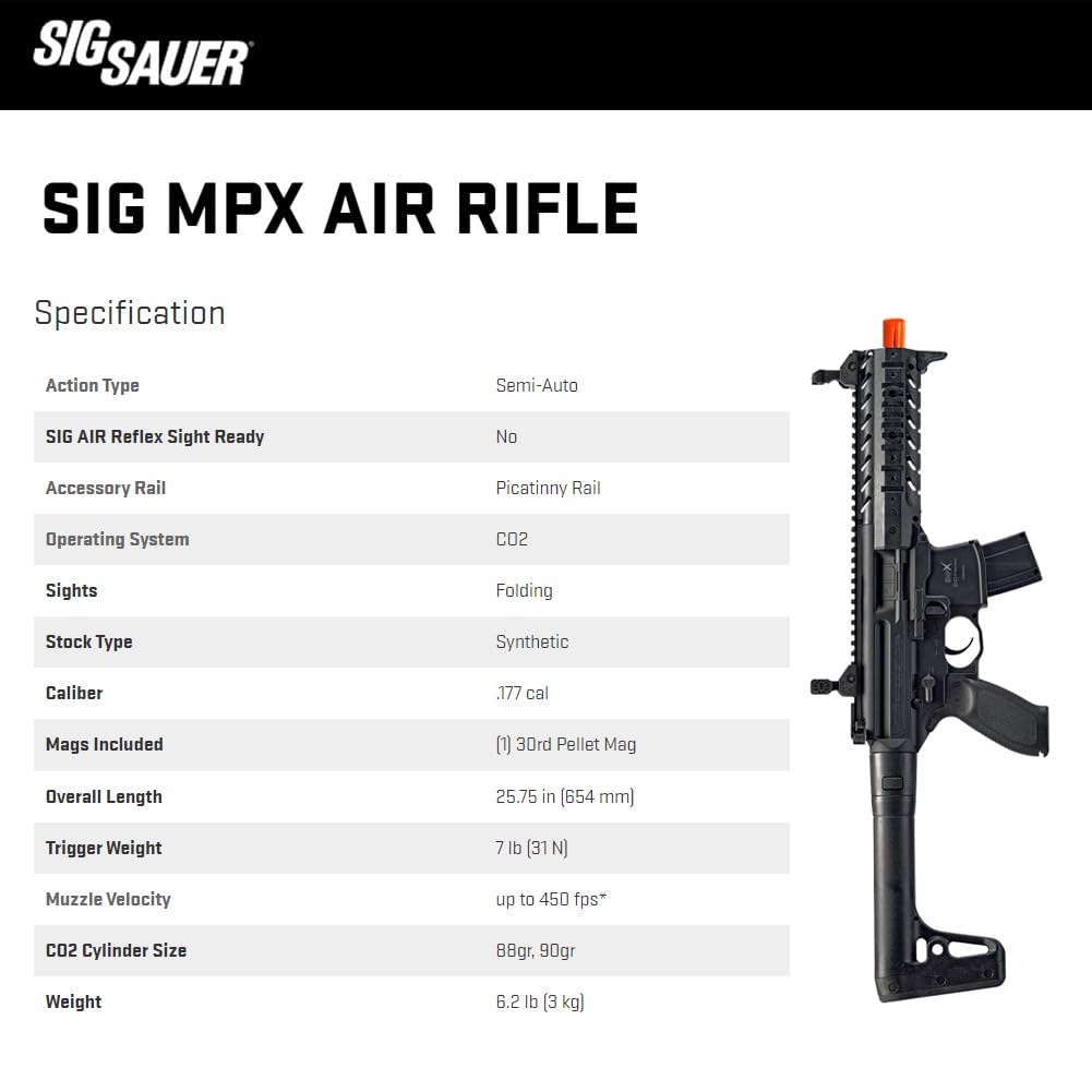 SIG SAUER MPX Semi-Auto 88Gr CO2-Powered 30rd .177 Caliber Pellet Air Rifle | Accurate High-Performace CO2 Airgun for Shooting Training & Practice