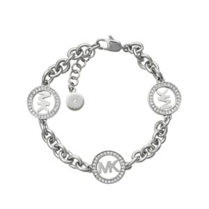 michael kors stainless steel and pavé crystal mk logo chain bracelet for women, color: silver (model: mkj4730040)