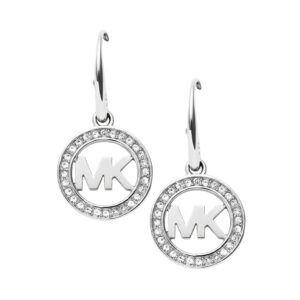 michael kors stainless steel and pavé crystal mk logo dangle earrings for women, color: silver (model: mkj4795040)