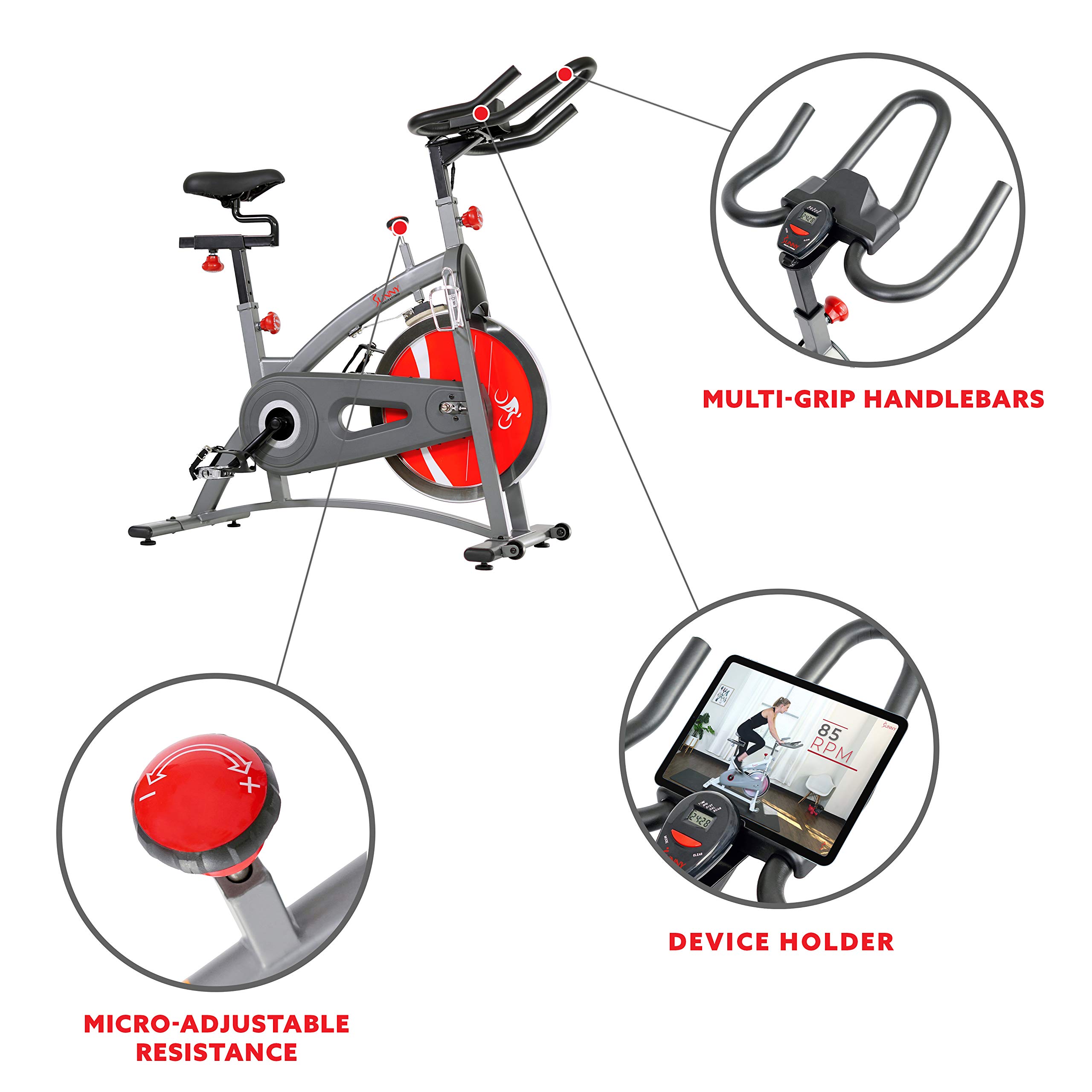 Sunny Health & Fitness Indoor Cycling Exercise Bike with LCD Digital Monitor, Heavy-Duty 40 LB Flywheel, Stationary Bike with Customizable Comfort and 265 LB Max Weight - SF-B1423/C