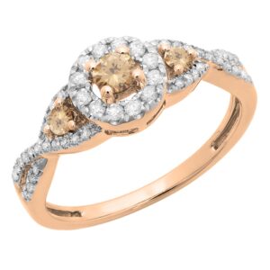 dazzlingrock collection 0.60 carat (ctw) 10k champagne & white diamond 3 stone bridal engagement ring, rose gold, size 7