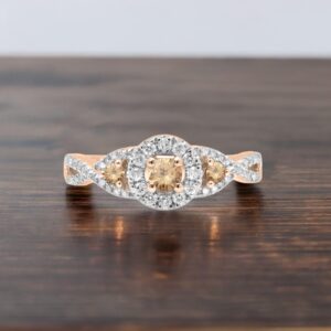 Dazzlingrock Collection 0.60 Carat (ctw) 10K Champagne & White Diamond 3 Stone Bridal Engagement Ring, Rose Gold, Size 7