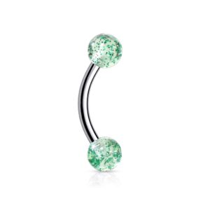 forbidden body jewelry 16g 8mm daith earring, eyebrow ring and rook piercing, surgical steel, green glitter end balls