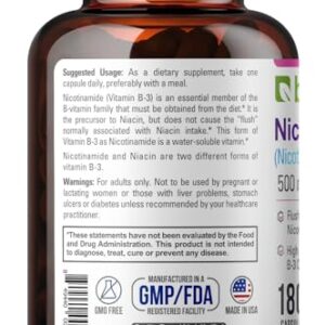 biophix B-3 Nicotinamide 500 mg 180 Caps - Nicotinic Amide Niacin Natural Flush-Free Vitamin Formula - Supports Skin Cell Health