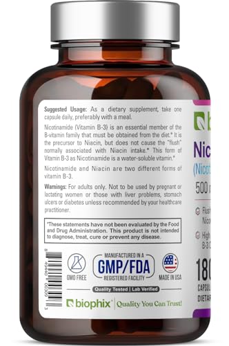 biophix B-3 Nicotinamide 500 mg 180 Caps - Nicotinic Amide Niacin Natural Flush-Free Vitamin Formula - Supports Skin Cell Health