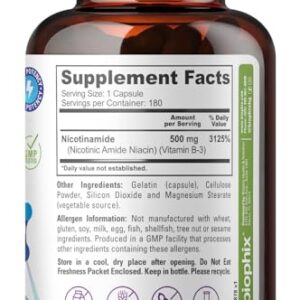 biophix B-3 Nicotinamide 500 mg 180 Caps - Nicotinic Amide Niacin Natural Flush-Free Vitamin Formula - Supports Skin Cell Health