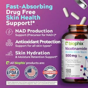 biophix B-3 Nicotinamide 500 mg 180 Caps - Nicotinic Amide Niacin Natural Flush-Free Vitamin Formula - Supports Skin Cell Health