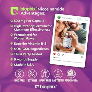 biophix B-3 Nicotinamide 500 mg 180 Caps - Nicotinic Amide Niacin Natural Flush-Free Vitamin Formula - Supports Skin Cell Health