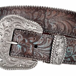 Western Scroll Buckle with Turquoise Tinted Embossed Brown Leather Belt (S)