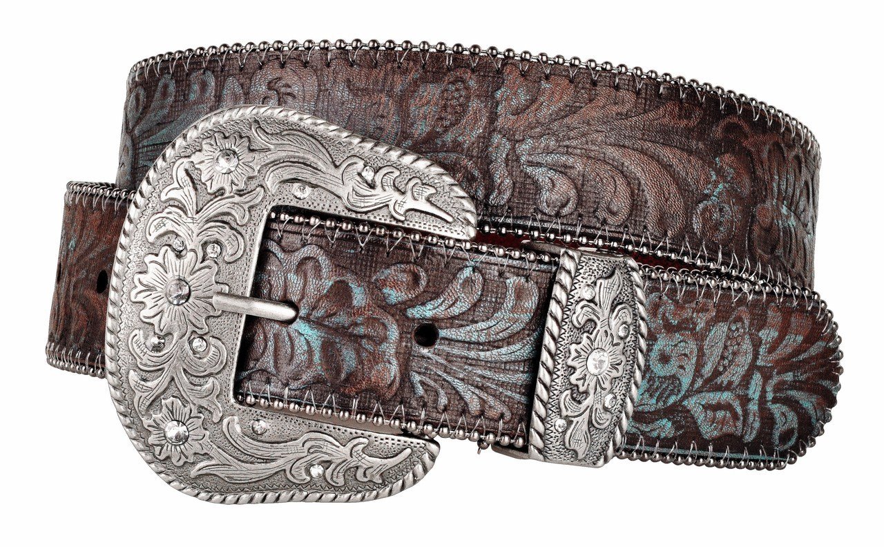 Western Scroll Buckle with Turquoise Tinted Embossed Brown Leather Belt (S)