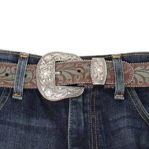 Western Scroll Buckle with Turquoise Tinted Embossed Brown Leather Belt (S)