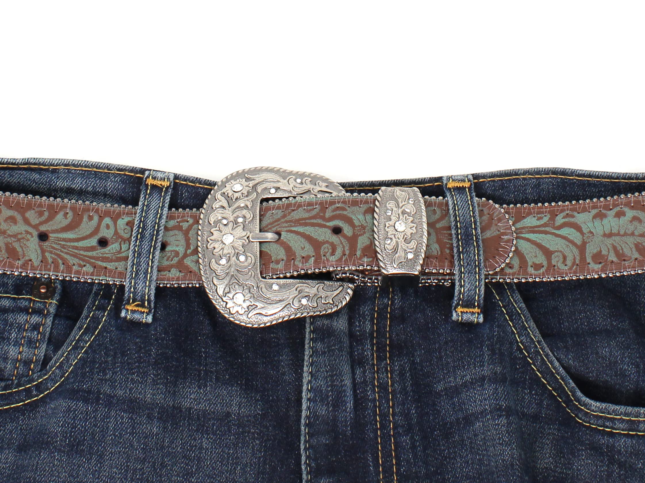 Western Scroll Buckle with Turquoise Tinted Embossed Brown Leather Belt (S)